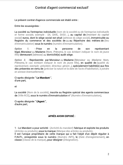 Contrat agent commercial exclusif - document et modèle à télécharger